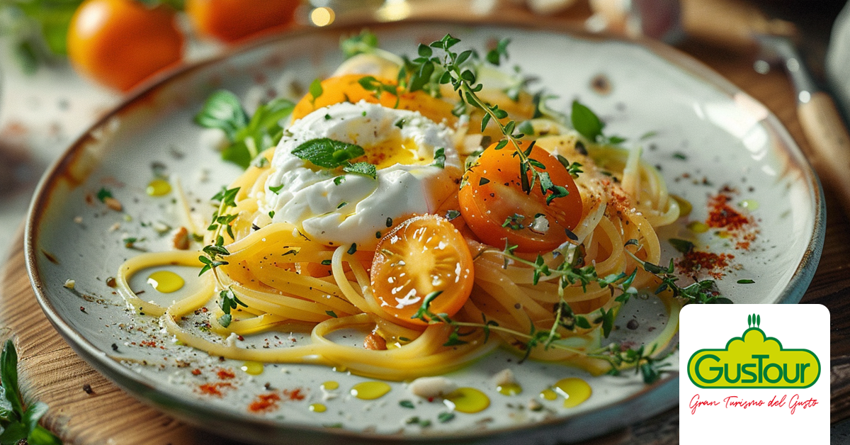Pasta con datterino giallo della Piana del Sele e burrata - Gustour Conad