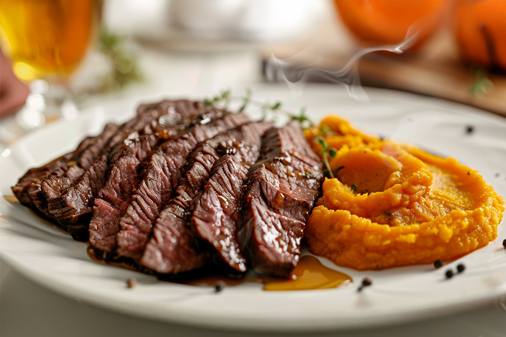 Tagliata di bovino con purè di zucca e miele - Gustour Conad